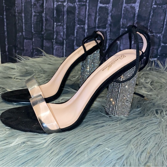 Genshuo | Shoes | Genshuo Transparent Strappy Rhinestone Chunky Heel ...